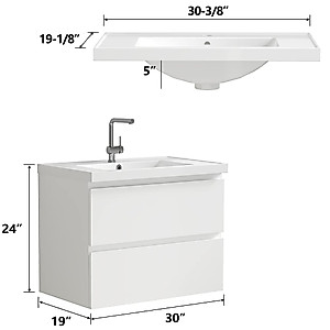 JPND 30" White Bathroom Single Hole Integrated Sink/Countertop, Drop-in Self-Rimming Rectangular Vanity Sink Top, 30.38"W x 19.13"D x 7.5"H