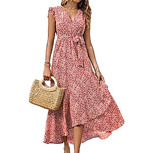 BTFBM Summer Floral Maxi Dress for Women 2025 Vacation Ruffle Sleeve V Neck Belt Wrap Spring Beach Wedding Guest Dresses(Floral Print Red, X-Large)