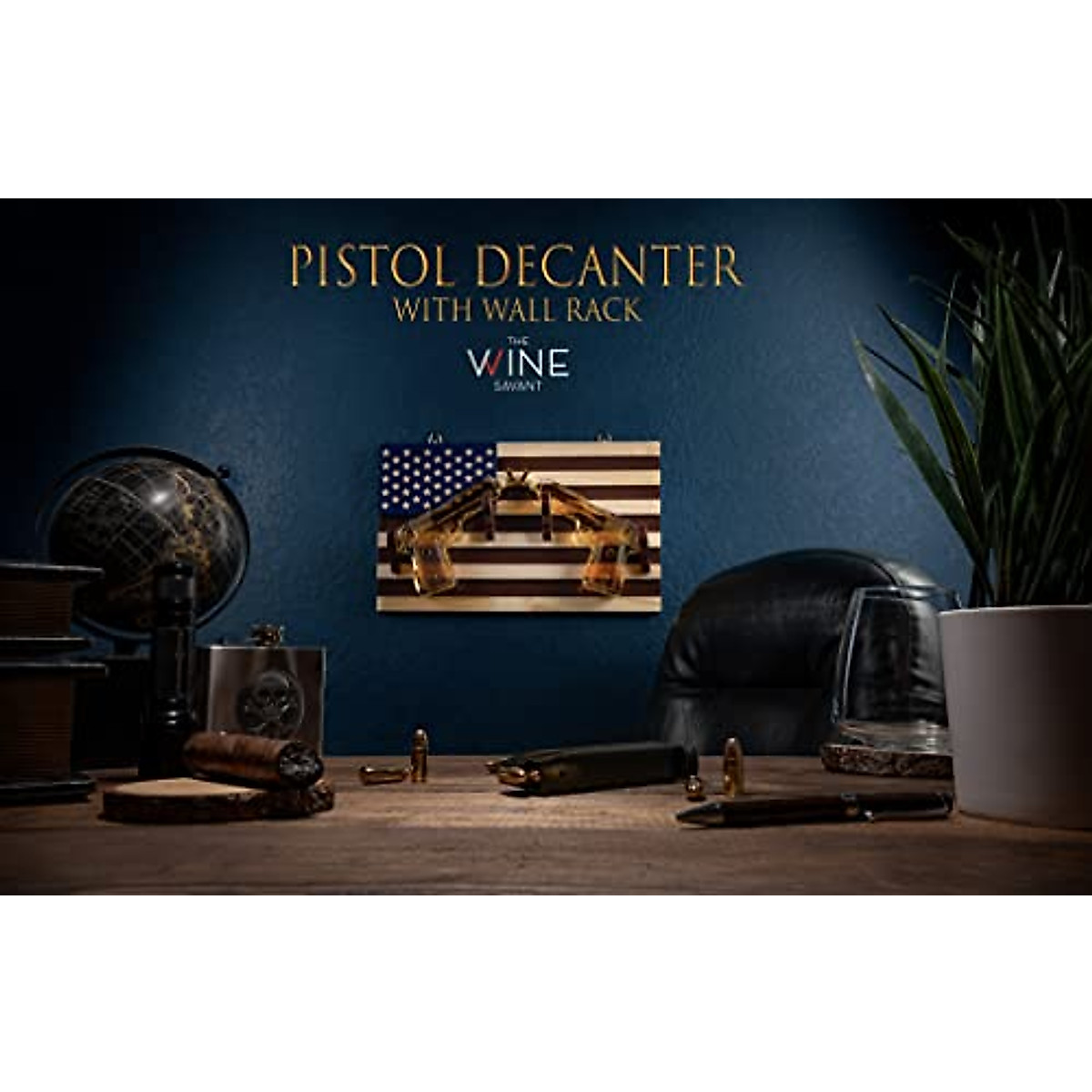 Pistol Whiskey Decanter Set of 2 300ml On American Flag Wall Rack by The Wine Savant - Tik Tok Gun Decanter, Veteran Gifts, Military Gifts, Home Bar Gifts, Law Enforcement Gifts