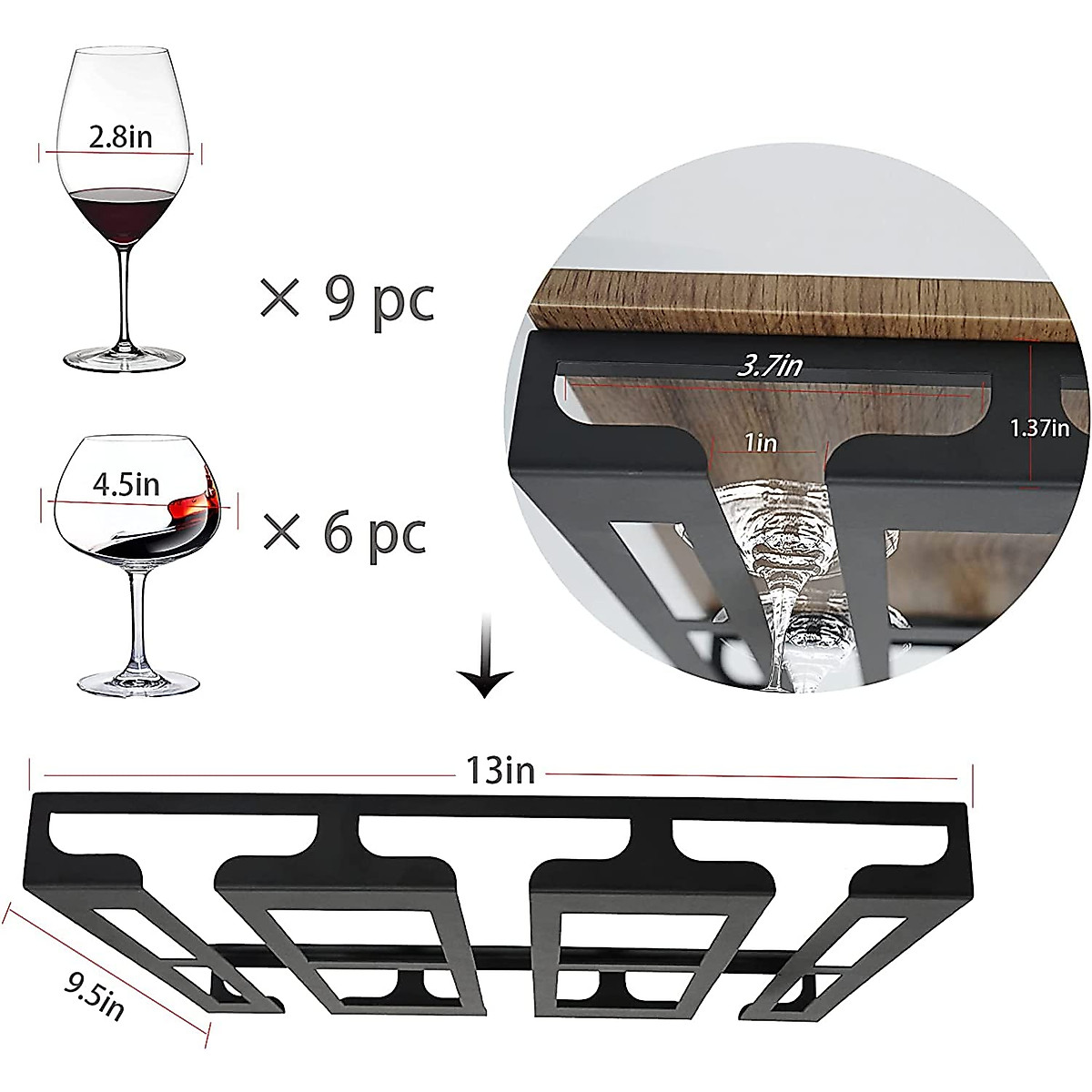 Jbikao Wine Glass Holder - Hangers Under Shelf Cabinet Stemware Wine Glass Rack Glasses Storage Hanger Metal Hanging Organizer for Bar Kitchen 3 Rows 2 Packs Black