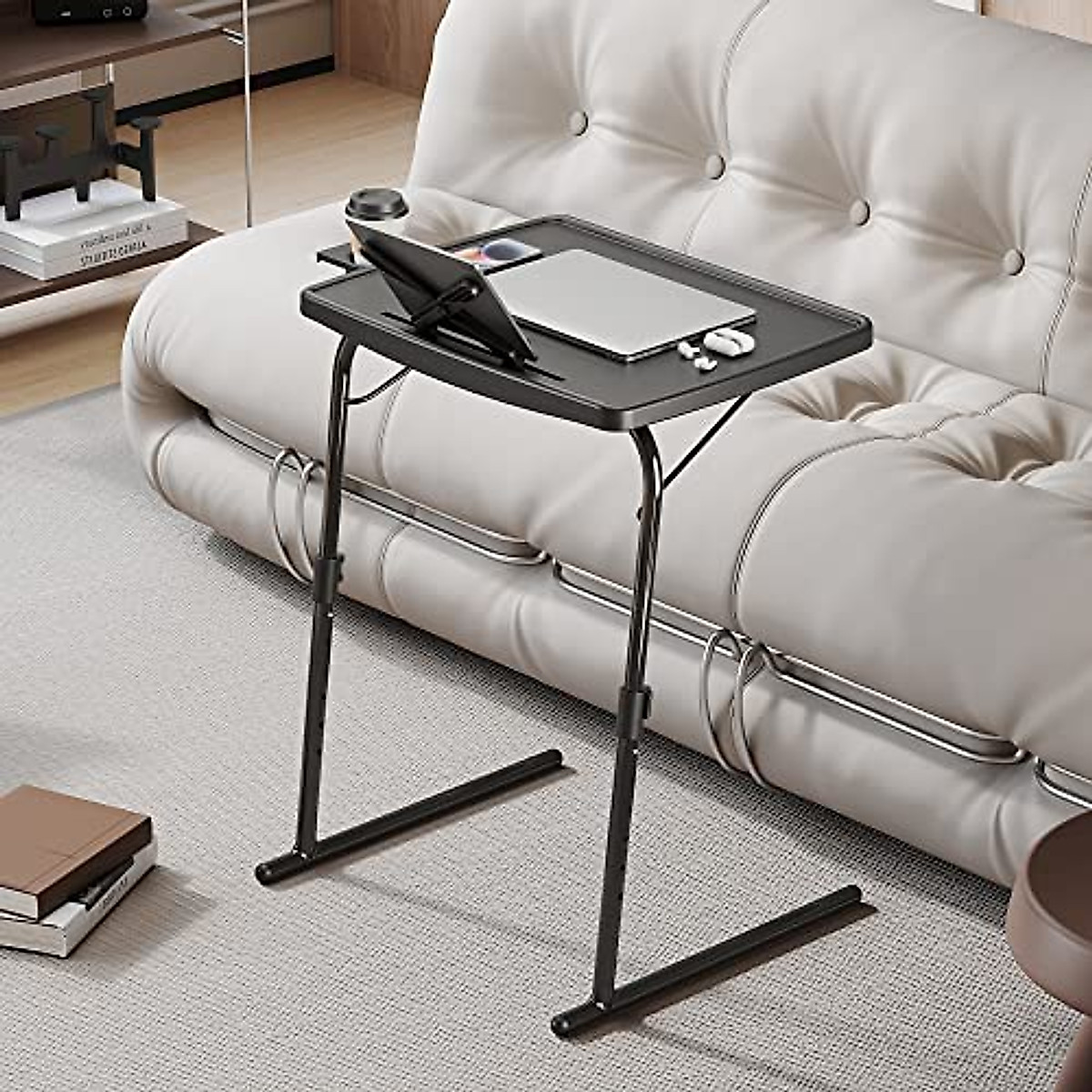 X TV Tray Table, Allpop Extra Large Adjustable TV Dinner Tray for Eating, Folding Laptop Table with Book Stand, Cup Holder & Tablet Slot for Bed & Sofa, Black