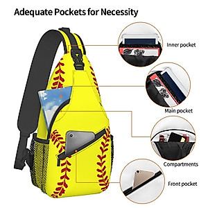 Softball Print Sling Bag Crossbody Backpack for Men Women Yellow Softball with Red Stitches Cute Sports Ball Pattern Chest Bag Adjustable Shoulder Backpack Gym Sport Travel Hiking Daypack Outdoors