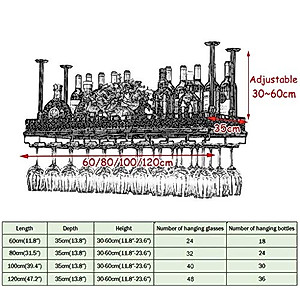 Ceiling Iron Wine Rack, Adjustable Height, Ceiling Mounted Hanging Wine Bottle Holder, Upside Down Champagne Glass Rack, Stemware Goblet Rack, Bar Home Decor
