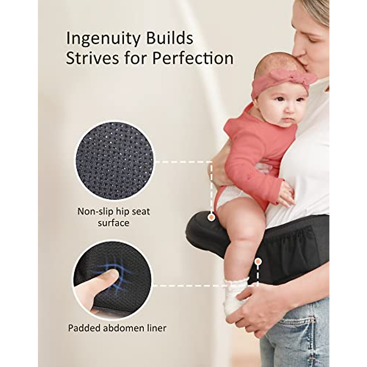 BABYMUST Hip Seat Baby Carrier, Advanced Adjustable Waistband &Various Pockets, Ergonomic Carrier for Newborns to Toddlers up to 66lbs, Black