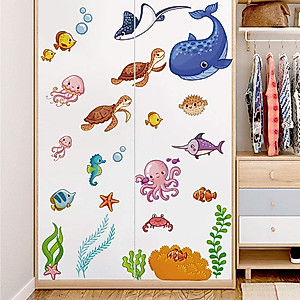 DKTIE Baby Wall Stickers for Bedroom Bathroom Pictures for Wall Baby Nursery Wall Decor Cartoon Marine Animals Bathtub Waterproof Decal (11.8" x 35.4", Marine Organism)