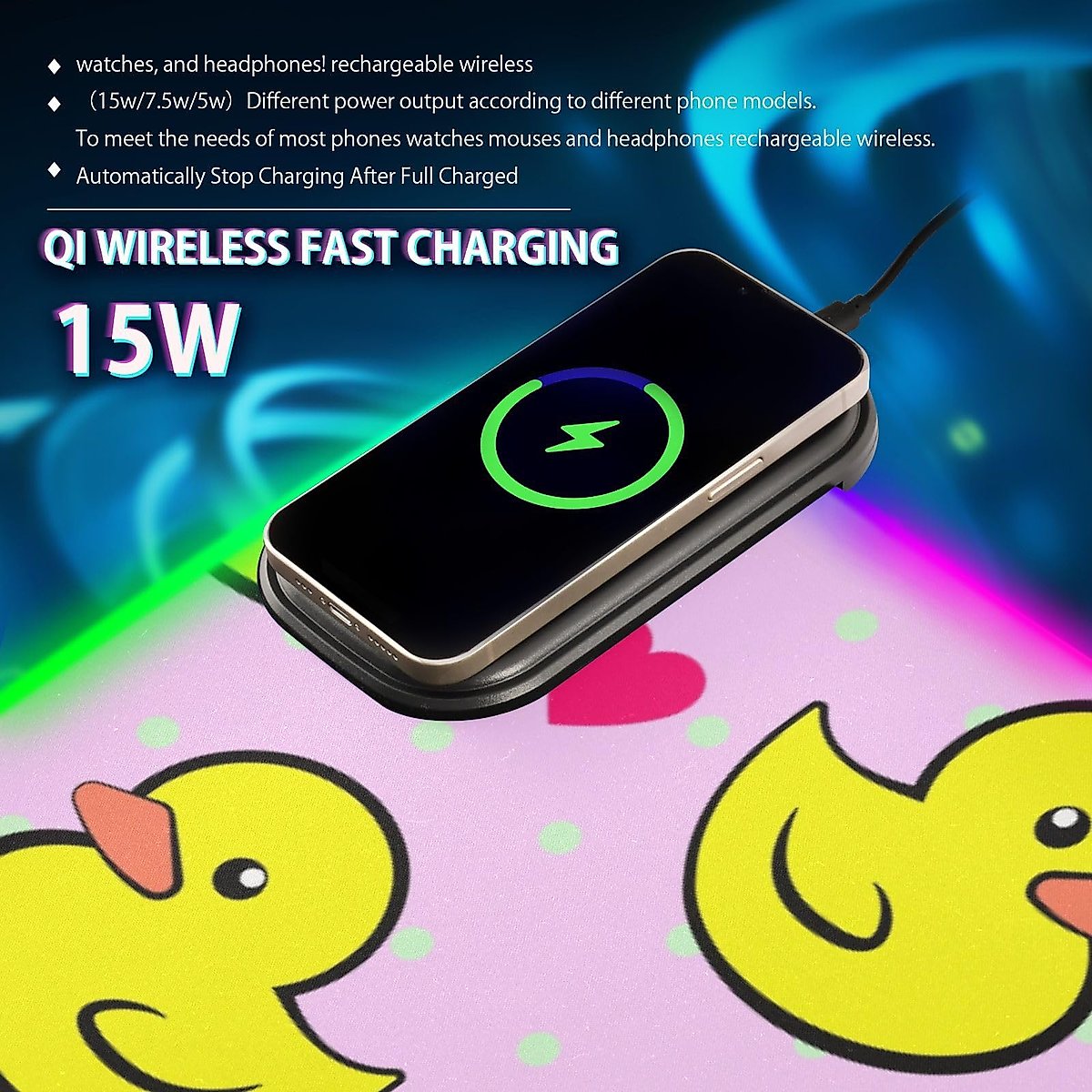 VKPSCHJ Desk Pad with Wireless Charging Ducks and Pink Heart Large RGB Gaming Mouse Pads 10 Light Modes Polka Dots 15W Computer Keyboard Mat Antislip Protector Mats for Office Home Table Gaming Decor