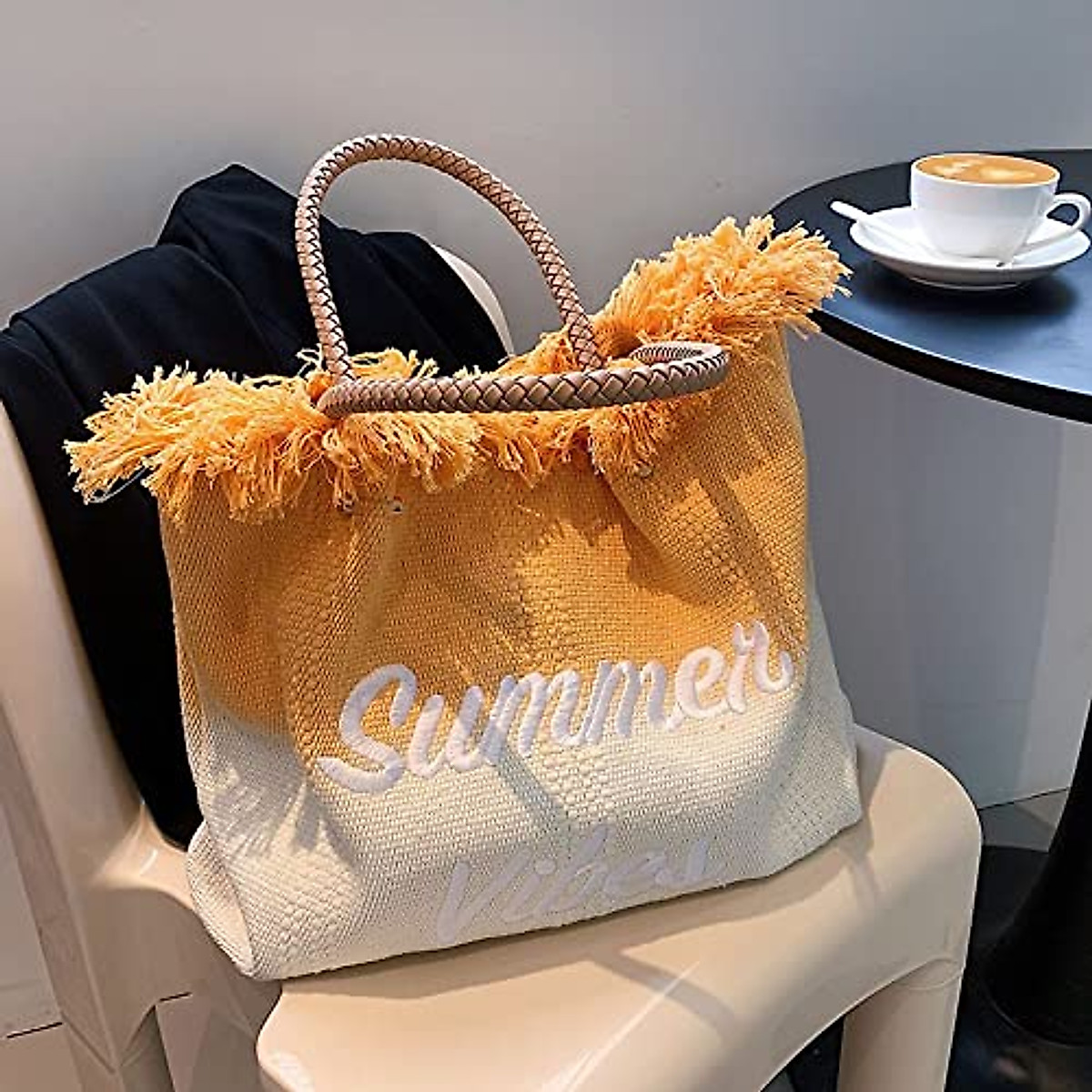 WEIIYONN Large Beach Bag Tote Bag for Women Summer Vibe Shoulder Bag with Tassels Aesthetic Contrast Color Handbag (Yellow White)