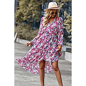 PRETTYGARDEN Women's Floral Print Boho Dress Long Sleeve Wrap V Neck Ruffle Belted A-Line Flowy Maxi Dresses (Floral Pink,Large)
