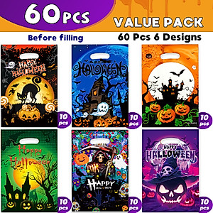 HAPMARS 60 Pcs Halloween Party Favor for Kids Candy Goody Bag, 6 Designs Plastic Trick or Treat Goodie Bags, Halloween Loot Gift Bag with Handles, Party Supplies for Girls Boys, 9.5 * 6.5 Inch