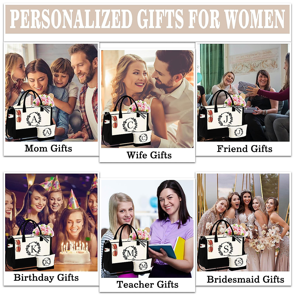 YOOLIFE Bridesmaid Proposal Gifts for Women, Retirement Mom Teacher Gifts Initial Tote Bag Beach Makeup Bags for Women Personalized Wedding Bridesmaid Girlfriend Aunt Birthday Gifts for Women Letter F