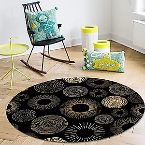 Round Area Rugs 4 Feet - Soft Indoor Throw Rugs Carpets for Living Dining Bedroom Kids Room Non-Slip Playroom Crawl Rug Floor Mats Golden Geometric Circles and Lines Texture Woman Yoga Mat