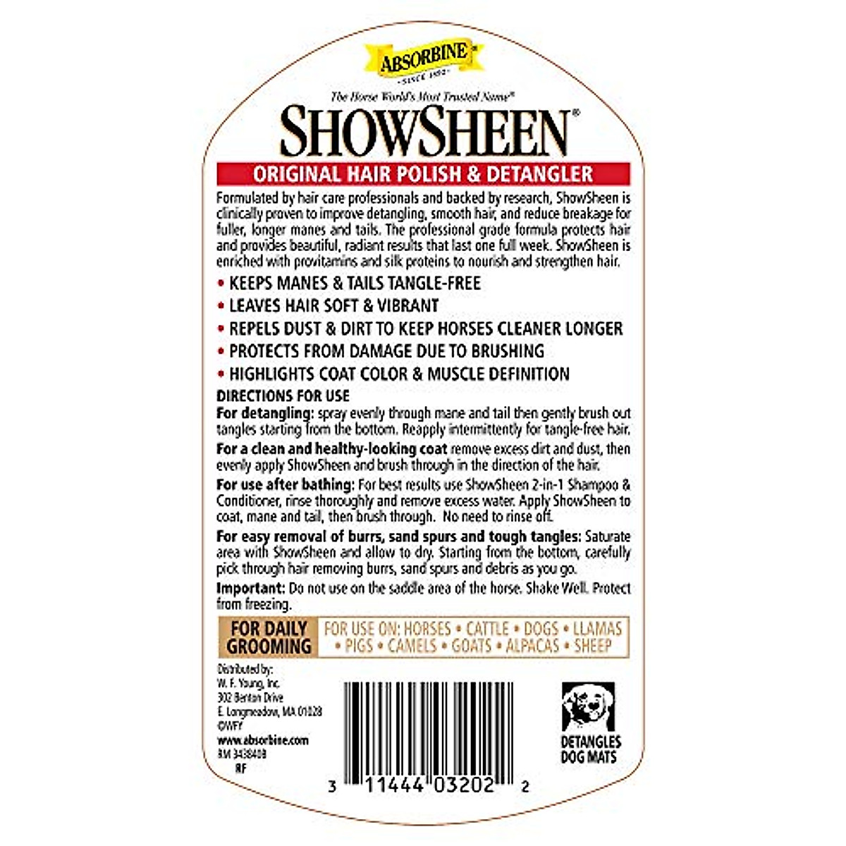 Absorbine ShowSheen Hair Polish & Detangler for Mane, Tail & Coat, Healthy Hair Growth & Radiant Shine, 32oz Refill Bottle
