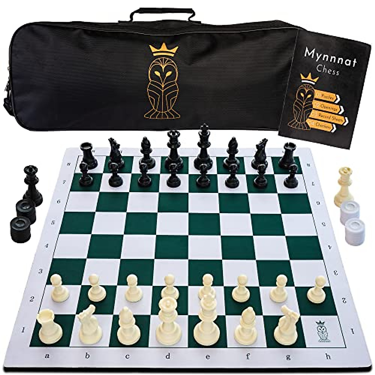 Mynnnat Professional Chess Set, Thick Tournament Roll up Board and Pieces with Travel Bag, Checkers and Unique Booklet for Chess Training - White & Green