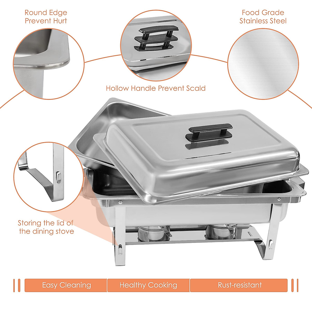 GRANDMA SHARK Chafing Dishes Buffet Sets 6 Packs 8QT Stainless Steel Rectangular Chafers and Buffet Warmer with Alcohol Furnace for Catering Buffet Food Warmer Set with Folding Frame, Silver