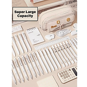 Krdrgey Beige Pencil Case, Large Capacity Study Pouch Bag with Two Compartments, Portable Soft Canvas Easy Carry for Library and Travel Makeup Organizer, Elegant Aesthetic Study Supplies (green)