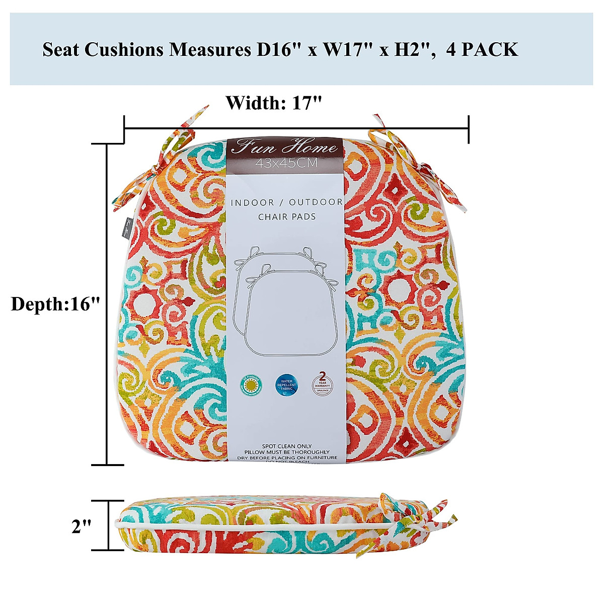 FUNHOME Outdoor Chair Cushions Set of 4, Waterproof Seat Cushions D16xW17 Inch, All Weather Patio Chair Pads with Tie, Cushions for Furniture Garden Office Decoration, Corinthian Dapple