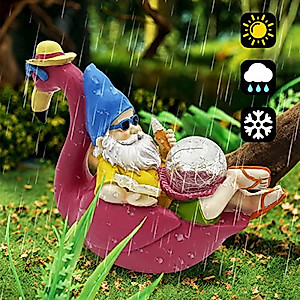 PERFECTOP Garden Gnome on Flamingo Statue with Solar Light, Funny Vacation Gnome Reclining on Flamingo Figurine, Adorable Hawaii Tropical Christmas Decoration Outdoor Patio Yard Lawn Beach Party Decor