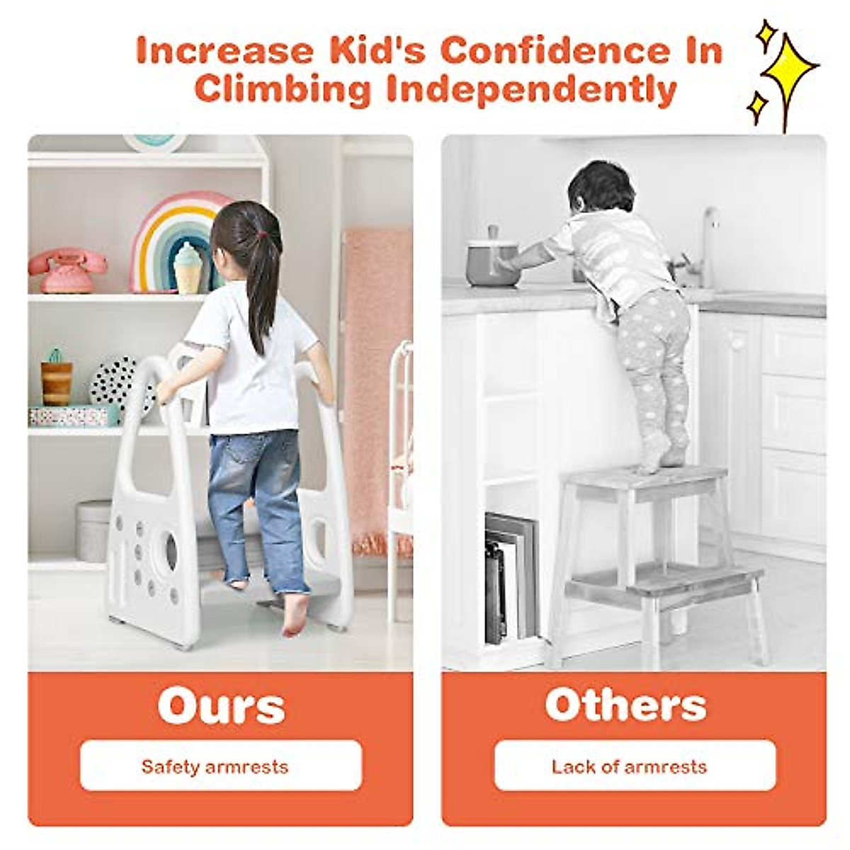 Costzon Kids Step Stool, Toddler Step Ladder for Toilet Potty Training, Kitchen Counter, Bathroom, Two Step Learning Tower w/Non-Slip Design, Safety Handles, 200 Lbs Weight Capacity (Grey)