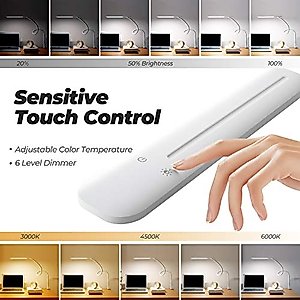 BOLOWEI LED Desk Lamp with Clamp Small White Desk Lamp for College Dorm Room, 6-Level Dimmable 5 Color Modes Swing Arm Daylight Table Lamp Touch Control Home Office Study/Reading/Drawing 10W