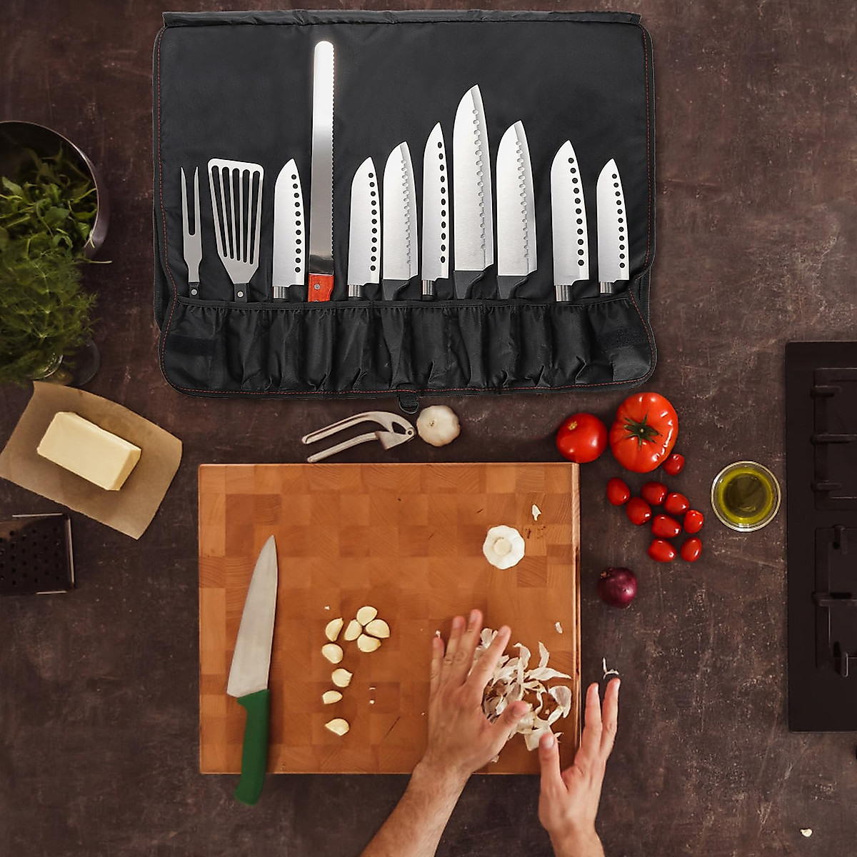 Tosnail Chef Knife Case Roll Bag with 21 Slots & 1 Large Zipper Pocket, Easy Carry Handle and Shoulder Strap - Black