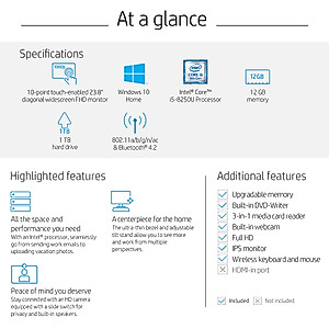 HP 24-Inch All-in-One Computer, Intel Core i5-8250U, 12GB RAM, 1TB Hard Drive, Windows 10 (24-f0060, White)