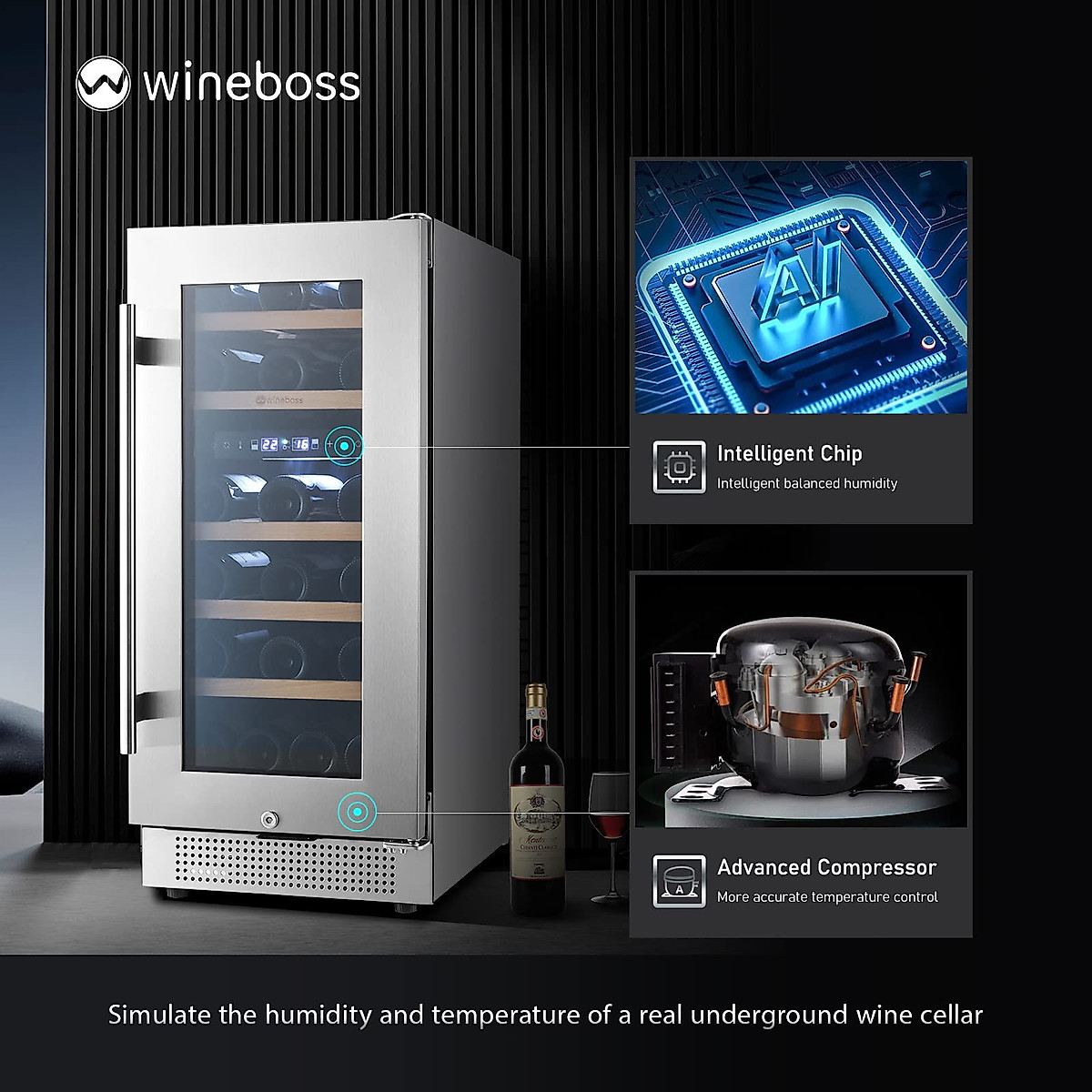 WINEBOSS 15" Wine Cooler Refrigerator, 28 Bottle Seamless Stainless Steel Built-in Freestanding Wine Fridge Double-Layer Tempered Glass Door with Lock, Under Counter Wine Cellar