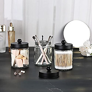 3 Pack Apothecary Jar Canisters Bathroom Vanity Organizer - Qtip Holder Storage Organizer Set Countertop Canister with Stainless Steel Lids &Cute Stickers for Qtips,Cotton Swabs,Makeup Sponges,Floss (Black)