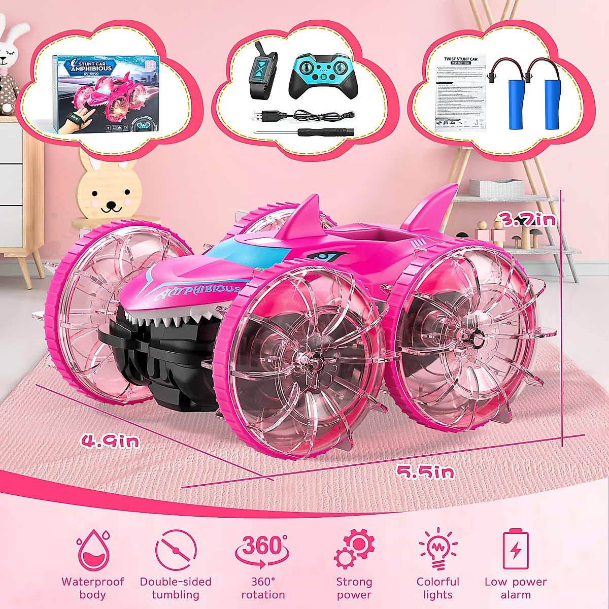 Axirata Amphibious RC Car with Lights for Kids 6-12 Year Old Girls Toy Gesture Hand Remote Control Boat 4WD 2.4GHz Waterproof RC Stunt Car 360° Rotating Water Beach Pool Toys Gift for Girls Kids