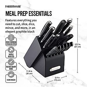 Farberware 15-Piece Forged Triple Riveted Knife Block Set, High Carbon-Stainless Steel Kitchen Knives, Razor-Sharp Knife Set with Wood Block, Black