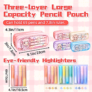 MILLEVIBE ITA Pencil Pouch Kawaii Large Capacity Pen Case : Cute Aesthetic Pencil Box Stationery Supplies for Teen Girls, 4 Included Highlighters (Pink)