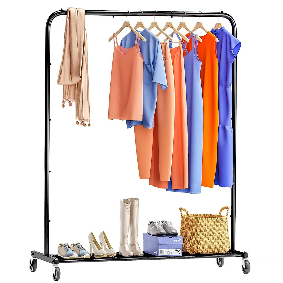 Simple Trending Clothing Garment Rack, 44 Inch Rolling Clothes Organizer on Wheels for Hanging Clothes with Mesh Shelves, Black