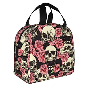 Skull Lunch Bag Box Tote Pink Rose Flowers Organizer Lunch Container Black Insulated Zipper Meal Prep Cooler Handbag For Women Men Home School Office Outdoor Gift