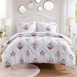 Comfort Spaces White Queen Duvet Cover Set - 3 Pieces Pintuck Tufted Vintage Floral Duvet Sets Queen, All Seasons Skin-Friendly, Lightweight & Soft Microfiber Queen Duvet Cover, Shams, Full/Queen