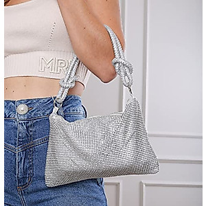 Rhinestones shoulder bag for Women, Rhinestones Hobo Bag, Luxury Sparkly Crystal Diamond Silver Clutch Purses for Party Club Wedding