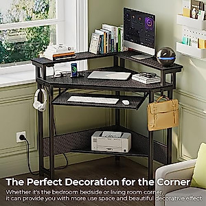 Rolanstar Corner Desk, 44.5" W x 34.5" H Small Carbon Fiber Computer Desk with Power Outlets, LED Lights and Keyboard Tray, Small Office Computer Desk with Monitor Stand for Small Space, Carbon Black