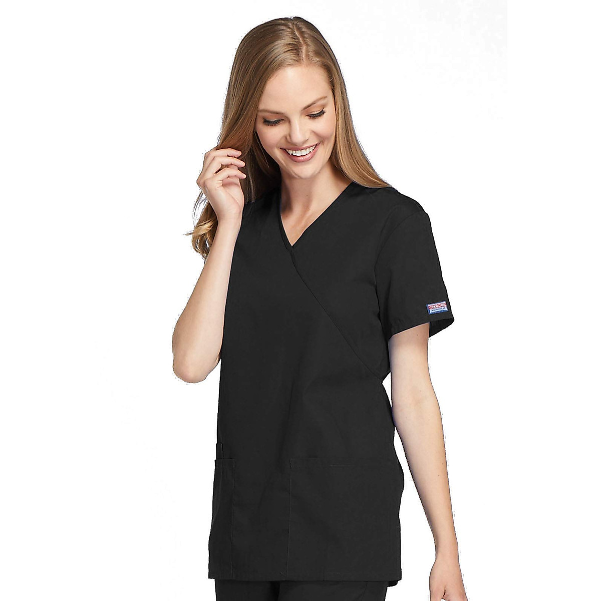 Workwear Women Scrubs Top Mock Wrap Tunic 4801, XL, Black