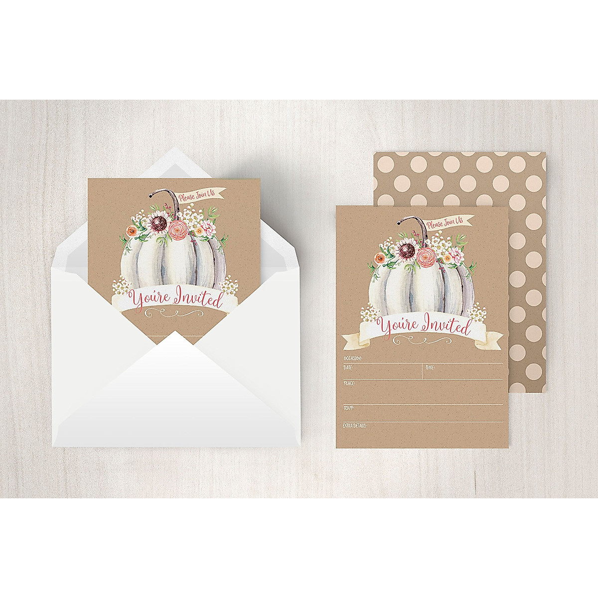 Pumpkin Fall Baby Shower Invitations, A6 Envelopes Included, 20 Count Pack, Premium Heavy-weight Card Stock, Two Sided, Autumn Floral Design, Pink and Gold Color