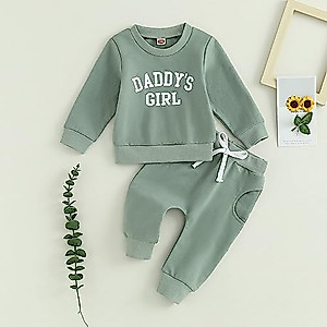 Sduydiosy Toddler Baby Girl Fall Outfit Letter Print Sweatshirt Top Elastic Waist Pant Cute Infant Newborn Winter Clothes Set (Daddys Girl Green, 18-24 Months)