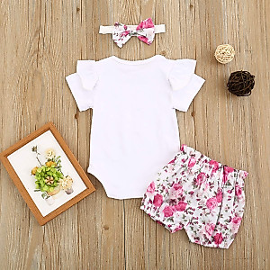 bebiullo Baby Infant Girl Sassy Aunt Ruffle Short Sleeves Romper Floral Short Pants Headband Outfit Clothes (White, 0-6M)