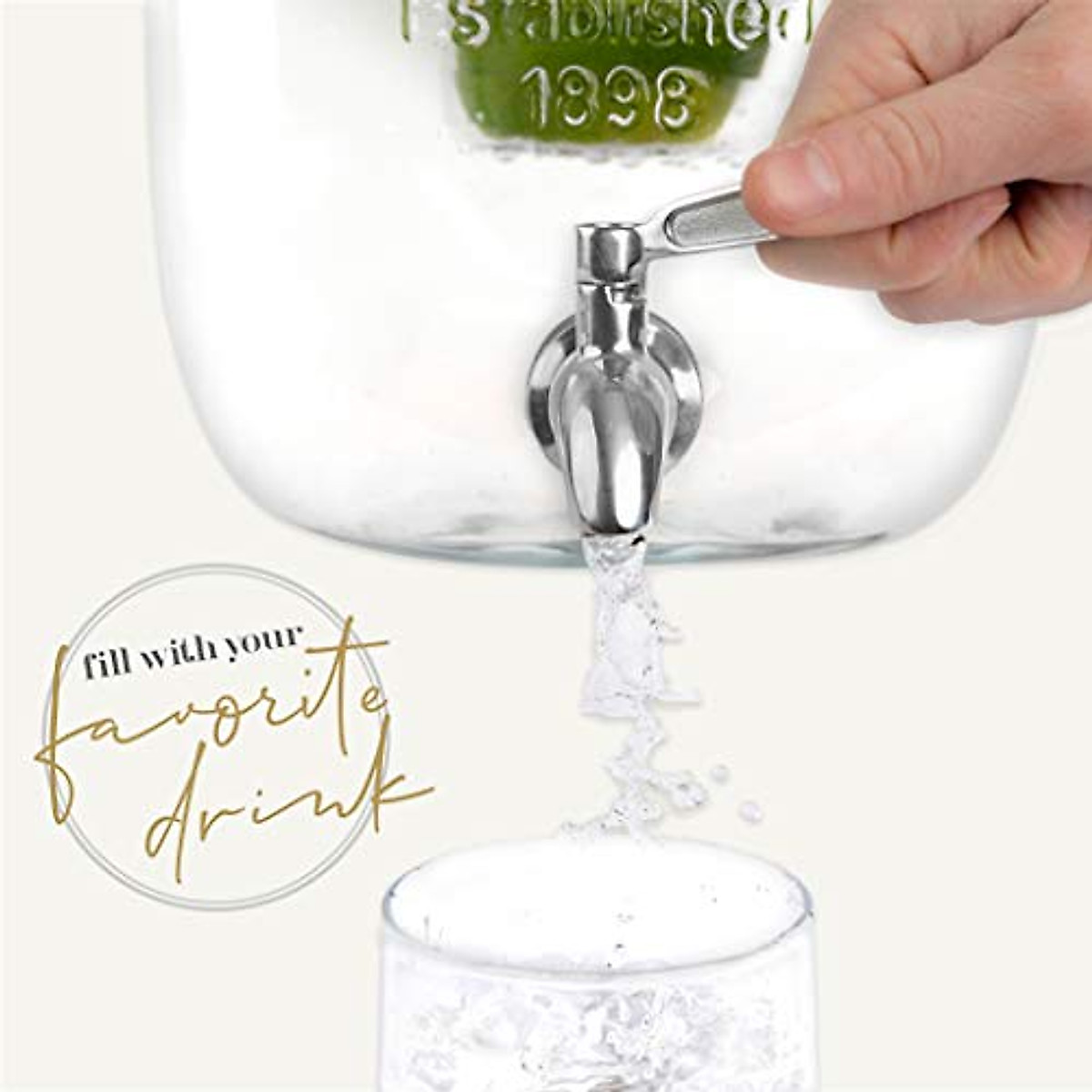 2 Gallon Glass Beverage Dispenser with Ice and Fruit Infusers, Stainless Steel Spigot, Chalkboard Label and Metal Lid, Wide Mouth Lemonade Drink Dispenser, Yorkshire Mason Jar, Kombucha Fermenting