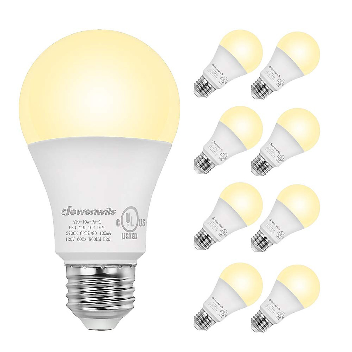 DEWENWILS 8-Pack Dimmable LED A19 Light Bulb, Soft White Light with Warm Glow, 800 Lumen, 2700K, 10W (60 Watt Equivalent), E26 Medium Screw Base, UL Listed