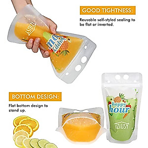 100 Pcs Zipper Plastic Pouches Drink Bags, Heavy Duty Hand-Held Translucent Frosted Reclosable Stand-up Bag 2.4" Bottom Gusset with 100 pcs Straws & Funnel Included