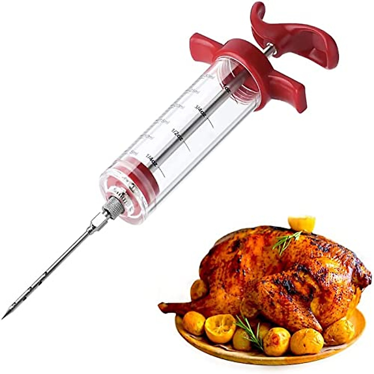 Meat Injector Syringe - 3 Marinade Injector Needles for BBQ Grill, Premium Portable Turkey Injector kit for Smoker,Marinades Injector for Meats With 1oz Large Capacity 1 Brush Easy to Use & Clean Red