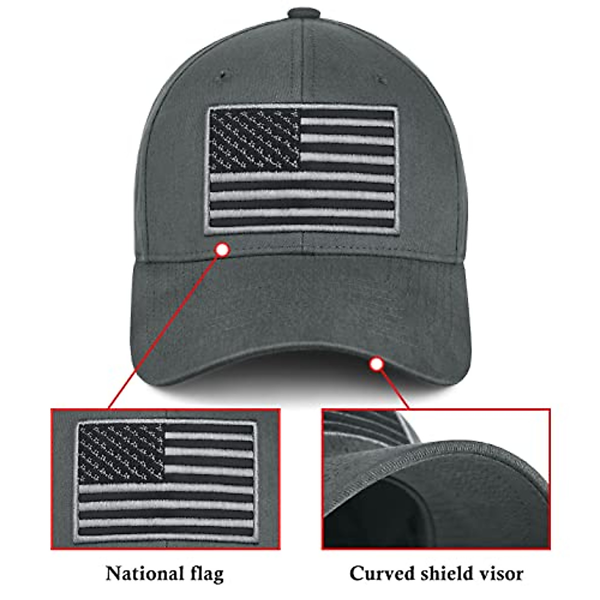 KIRAAT 3 Pack American Flag Baseball Cap Unisex,Low Profile USA Plain Dad Hat for Men＆Women (Black＆Grey＆Green)