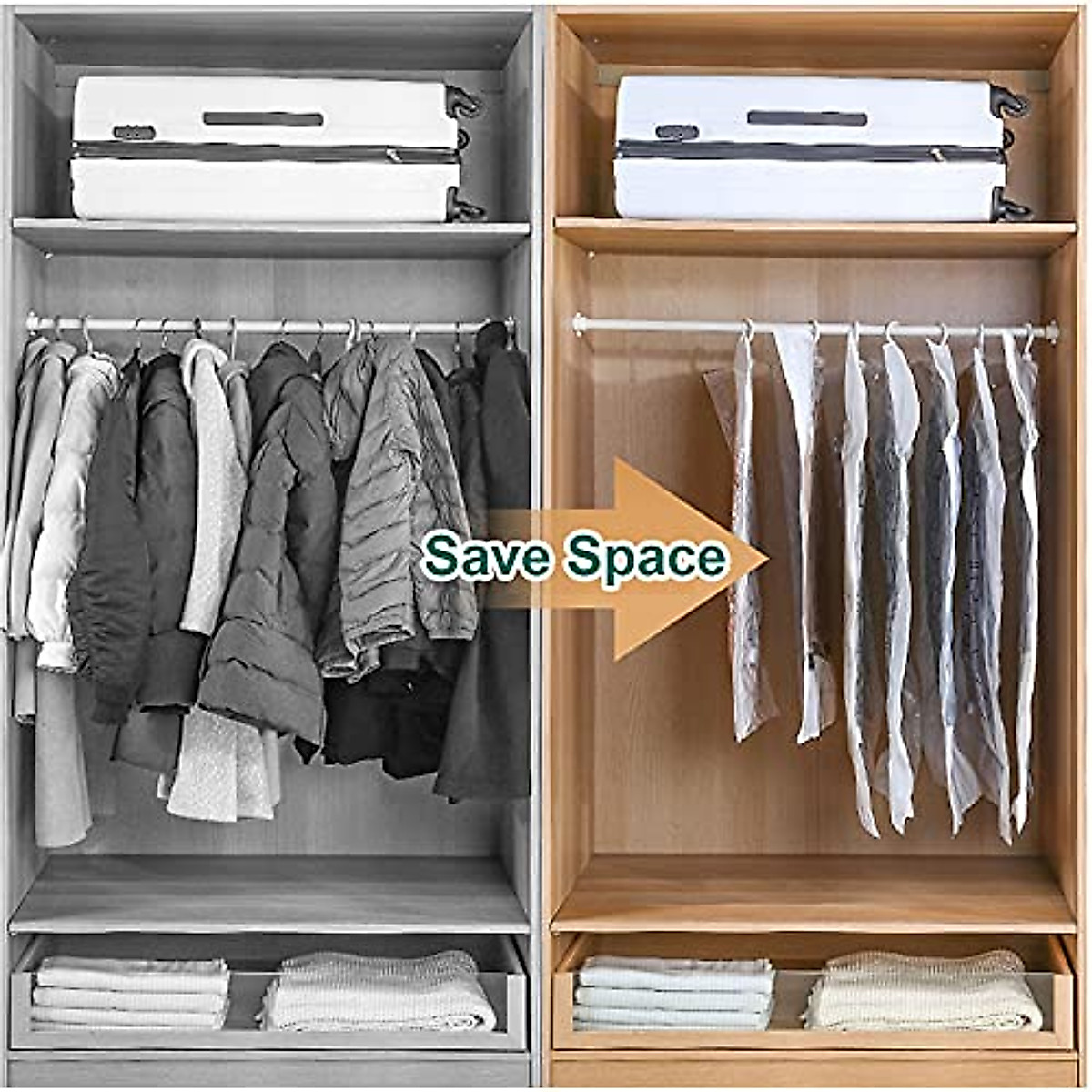 Elebac Hanging Vacuum Storage Bags for Clothes, 6 Large Vacuum Sealer Space Saver Bags for Clothes, Vacuum Compression Garment Bags for Closet Orgainzer, Coat, Jacket, with Hanger Hook