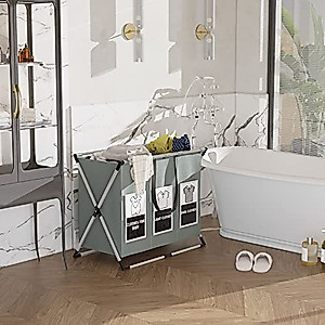 C&AHOME Laundry Basket 3 Sections, 135L Foldable Laundry Hamper Basket Sorter with Waterproof Oxford Bag and Aluminum Frame, Laundry Sorter Storage Dirty Clothes Bag for Bathroom Bedroom, Grey AFLH03G