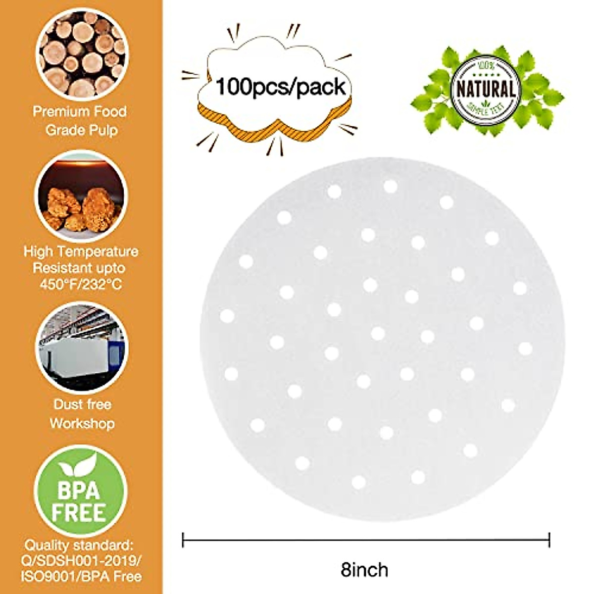 SCOVE 100pcs Air Fryer Parchment Paper, 8 inch Disposable Air Fryer Liners For Steaming Basket, Oven, Cooking, and Baking (White)
