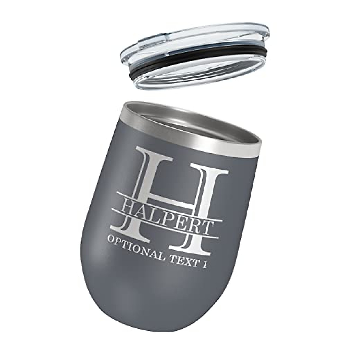 Personalized 12oz (17 Colors) Powder Coated Stainless Steel Stemless Wine Tumbler with Lid, Custom Etched, Customized Gift for Women Her, Wine Lover, Halpert Monogram Initial Name (Gray)