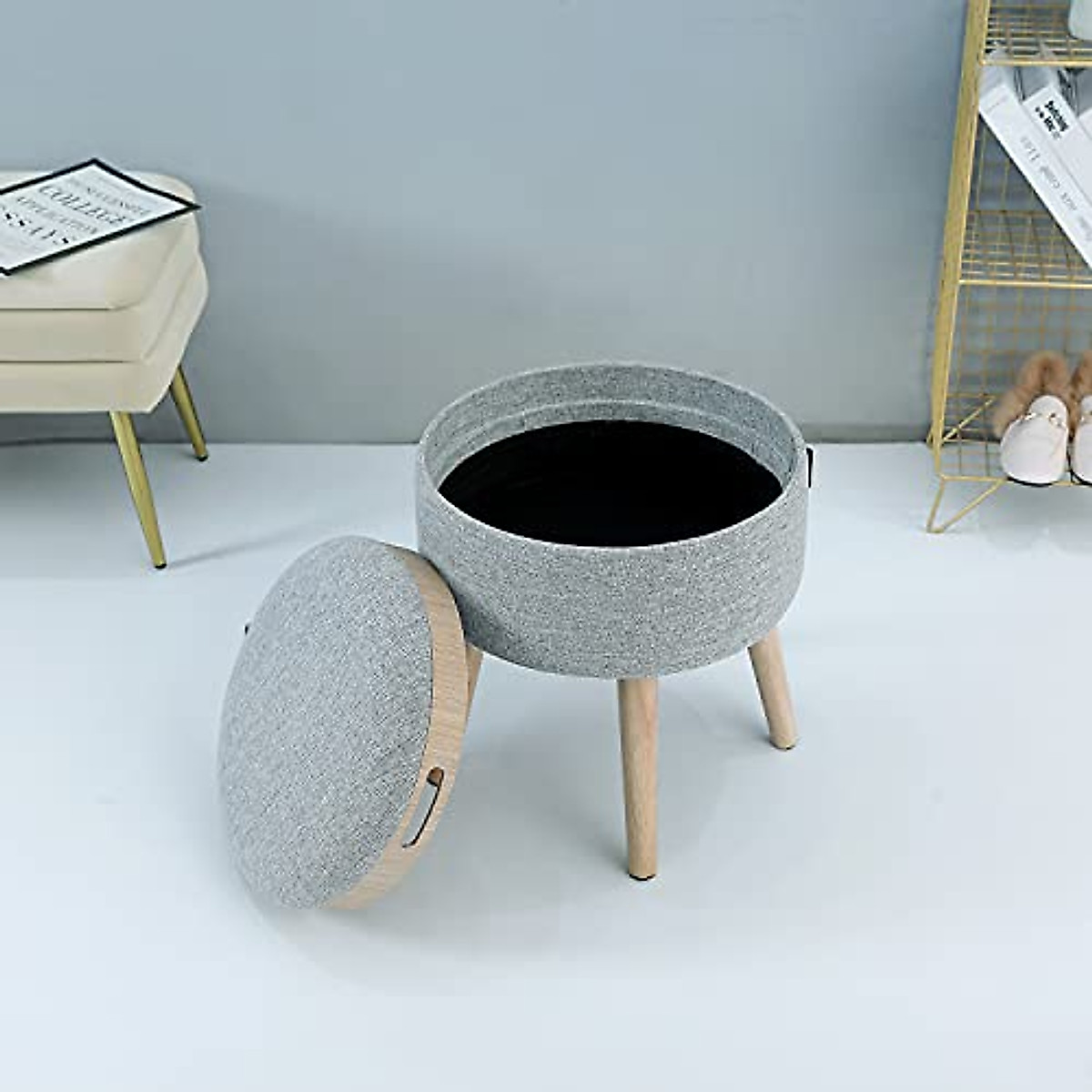 SOFT ASS Multi-Functional Round Storage Ottoman Footrest with Coffee Table Tray, Light Grey Linen with Detachable Wooden Feet/Footstool for Bedroom, Study and Living Room (Light Grey1)