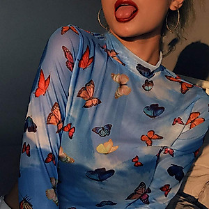 WYTong Womens Summer Casual Tops Long Sleeve Turtleneck Mesh Butterfly Print Sexy Blouse T-shirt(Blue,S)